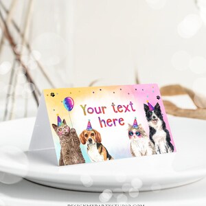 Editable Cats and Dogs Food Labels Kitten Birthday Place Card Tent Card ...