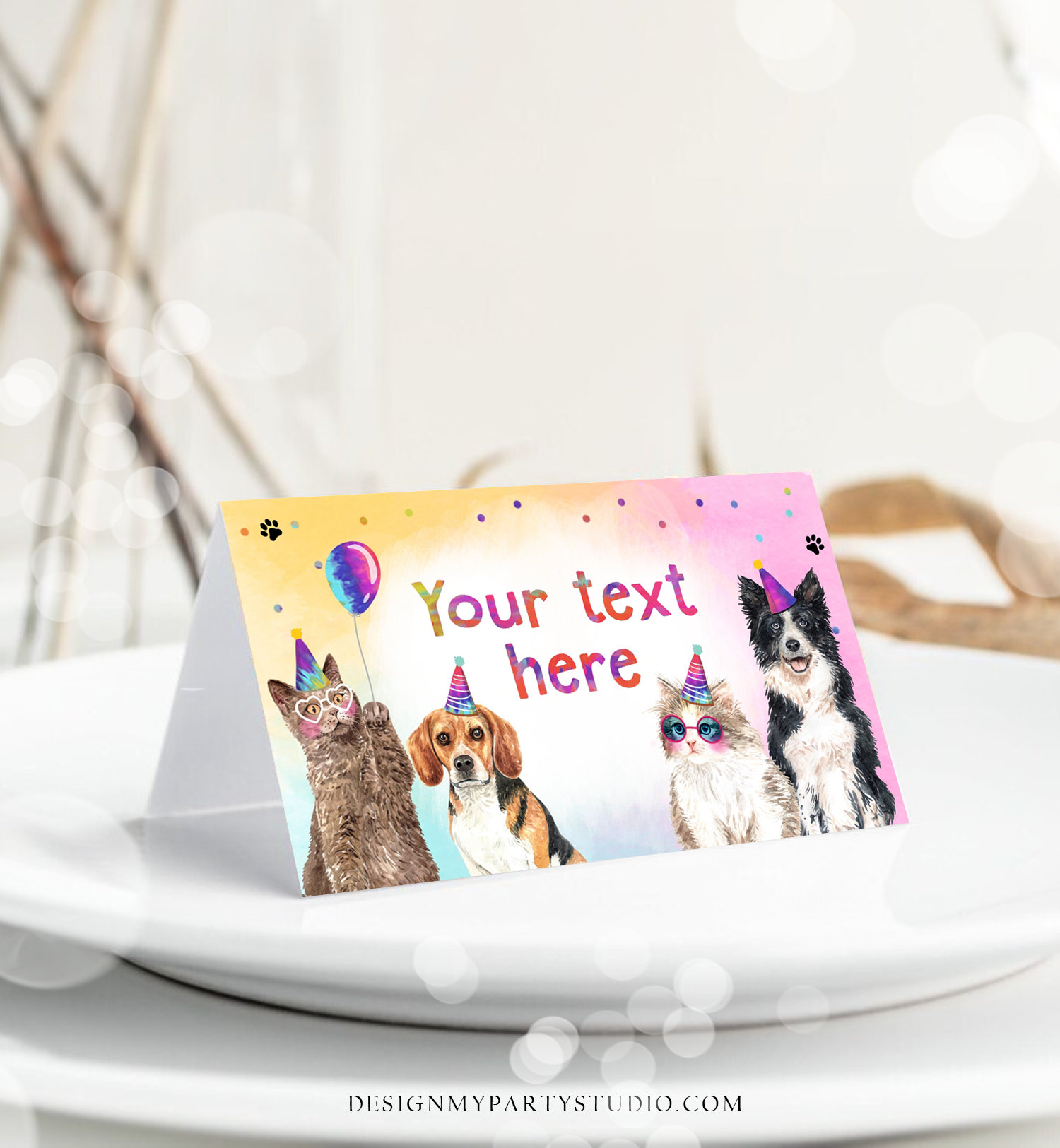 Editable Cats and Dogs Food Labels Kitten Birthday Place Card Tent Card ...