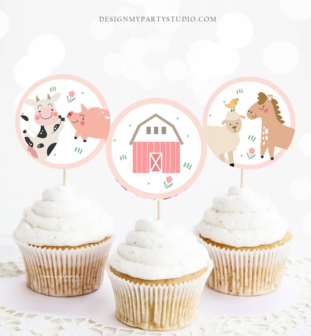 Pink Farm Birthday Cupcake Toppers Favor Tags Barnyard Birthday Party ...