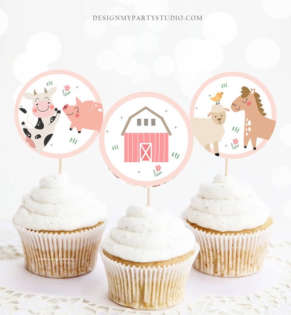 Pink Farm Birthday Cupcake Toppers Favor Tags Barnyard Birthday Party ...