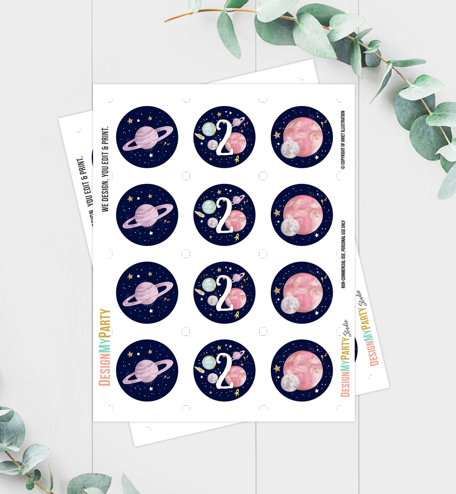 Outer Space Birthday Cupcake Toppers Two the Moon Birthday Favor Tags ...