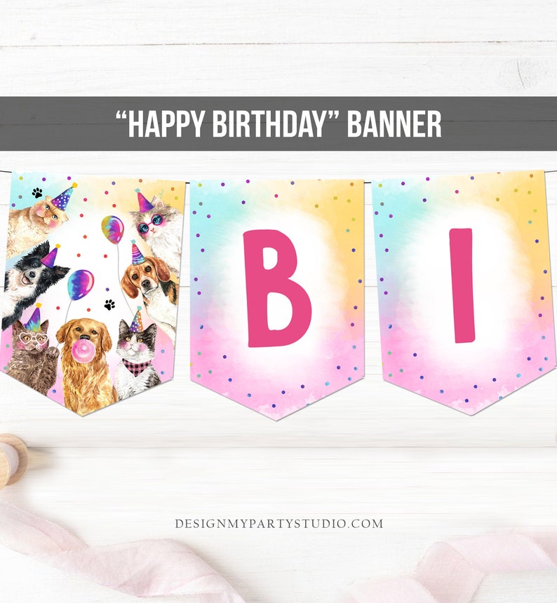 Happy Birthday Banner Party Animals Cats and Dogs Animals Puppy ...