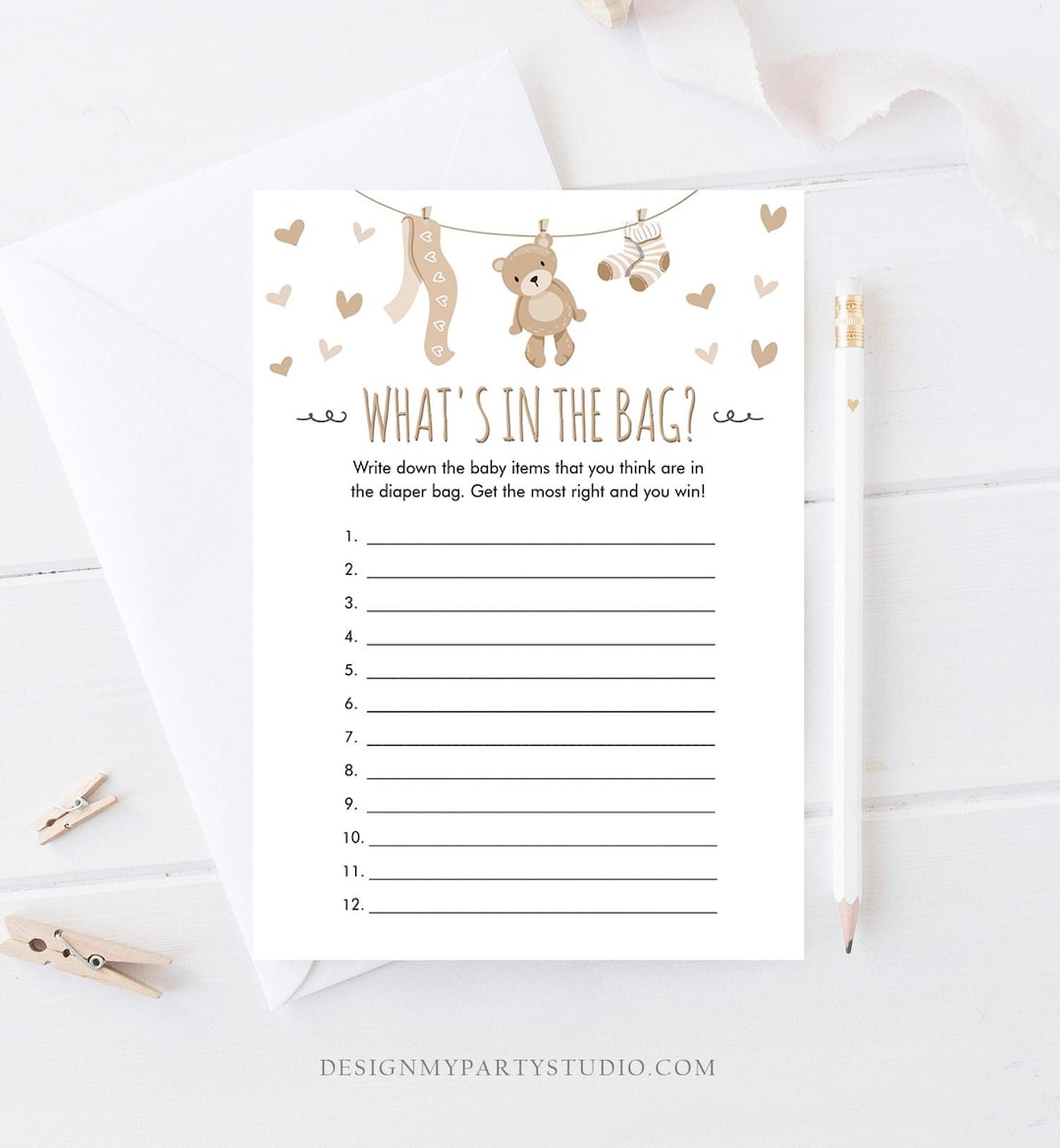 Editable What's in the Bag Baby Shower Game Teddy Bear Neutral Diaper ...