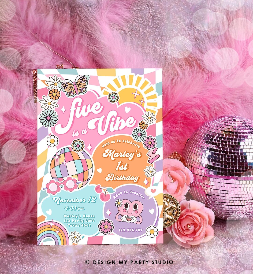 Editable Five is a Vibe Groovy 5th Birthday Party Invitation Groovy ...