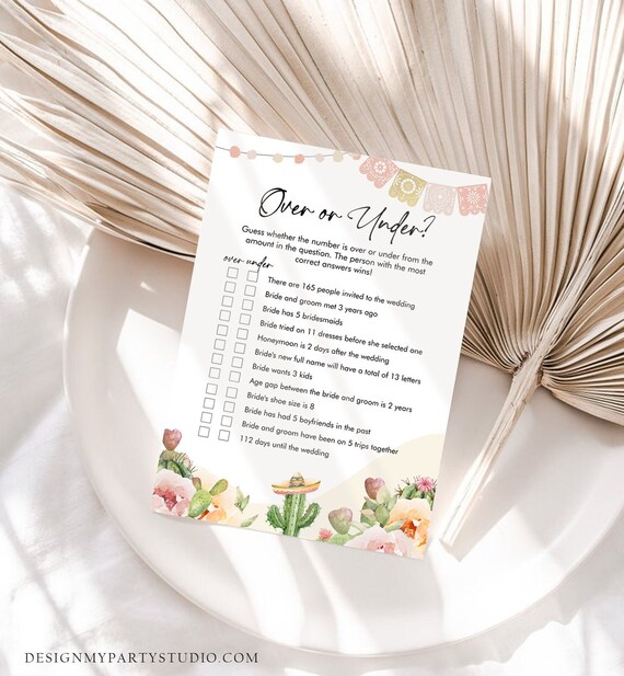 Editable Over or Under Bridal Shower Game Cactus Fiesta Mexican Coed ...