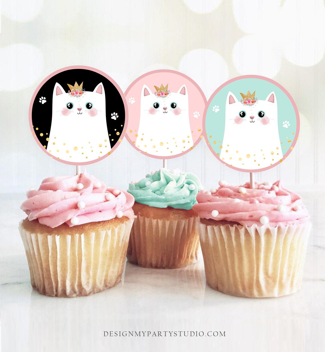Kitten Birthday Cupcake Toppers Kitty Cat Birthday Favor Tags Girl Pink ...