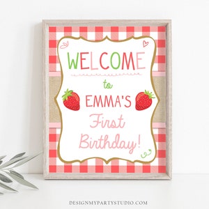Editable Strawberry Welcome Sign Strawberry Birthday Party Welcome ...