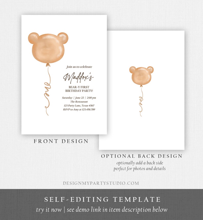 Editable Bear Birthday Invitation Bear Balloon Modern Teddy - Etsy