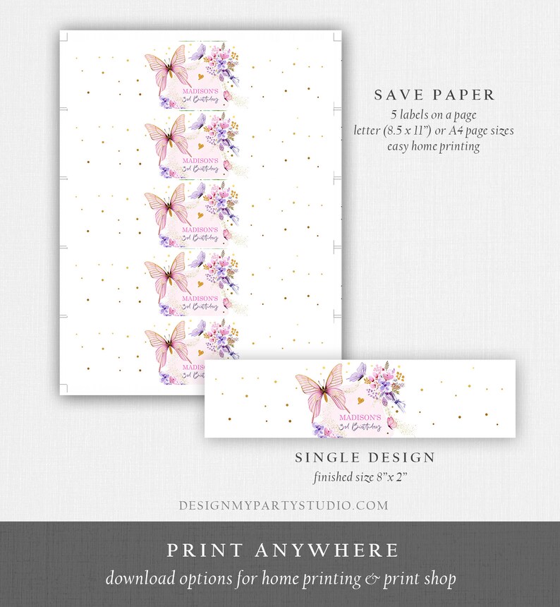 Editable Butterfly Water Bottle Label Girl Floral Butterfly - Etsy