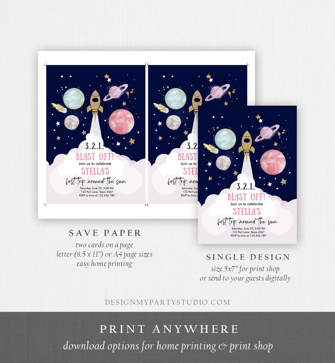 Editable Outer Space Girl First Birthday Invitation Galaxy - Etsy