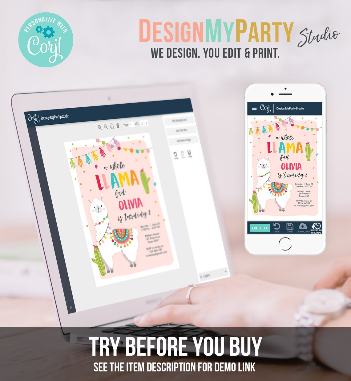 Editable Whole Llama Fun Birthday Invitation Llama Cactus - Etsy