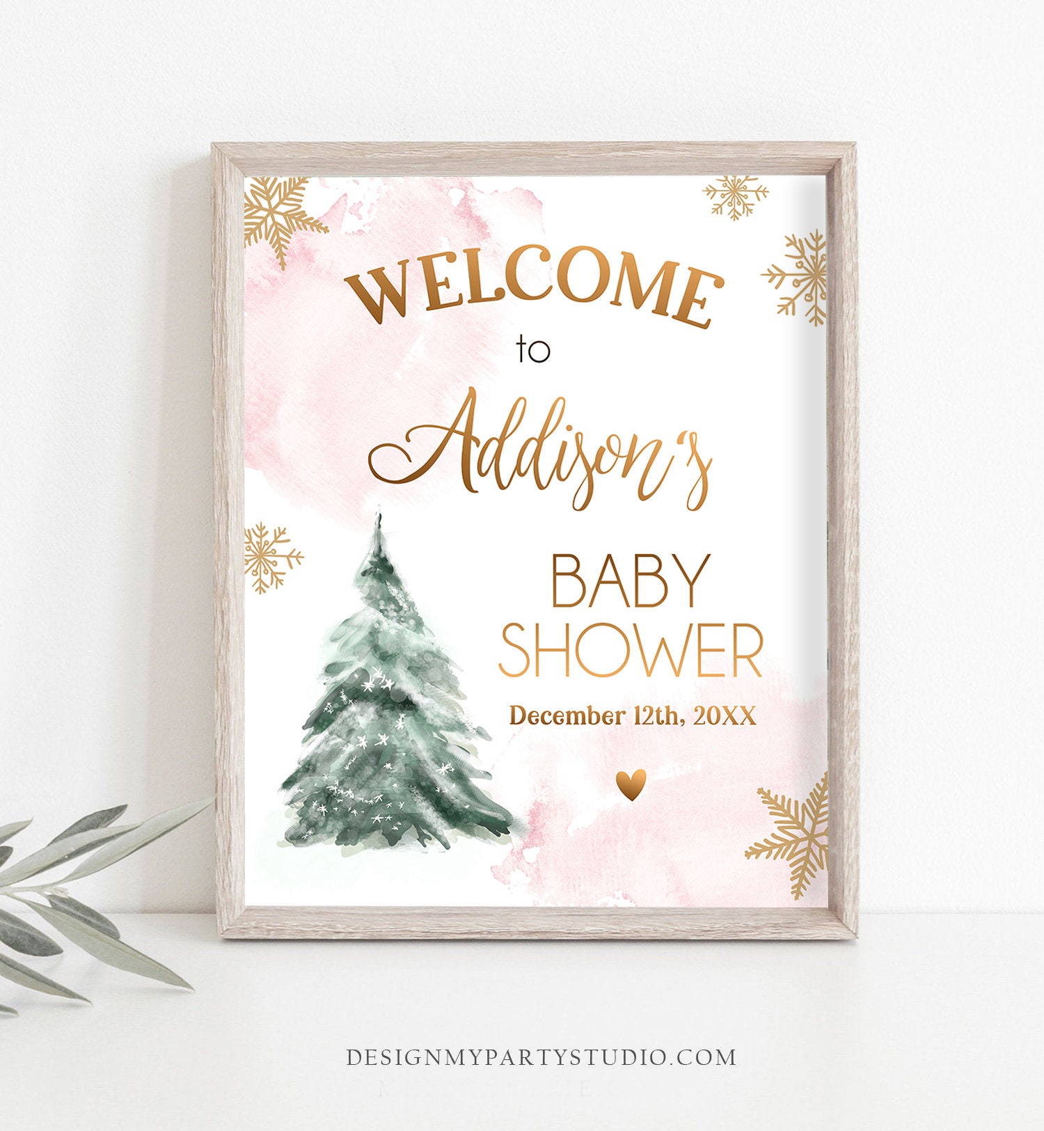 Editable Winter Tree Welcome Sign Tree Watercolor Baby Shower Girl Baby ...