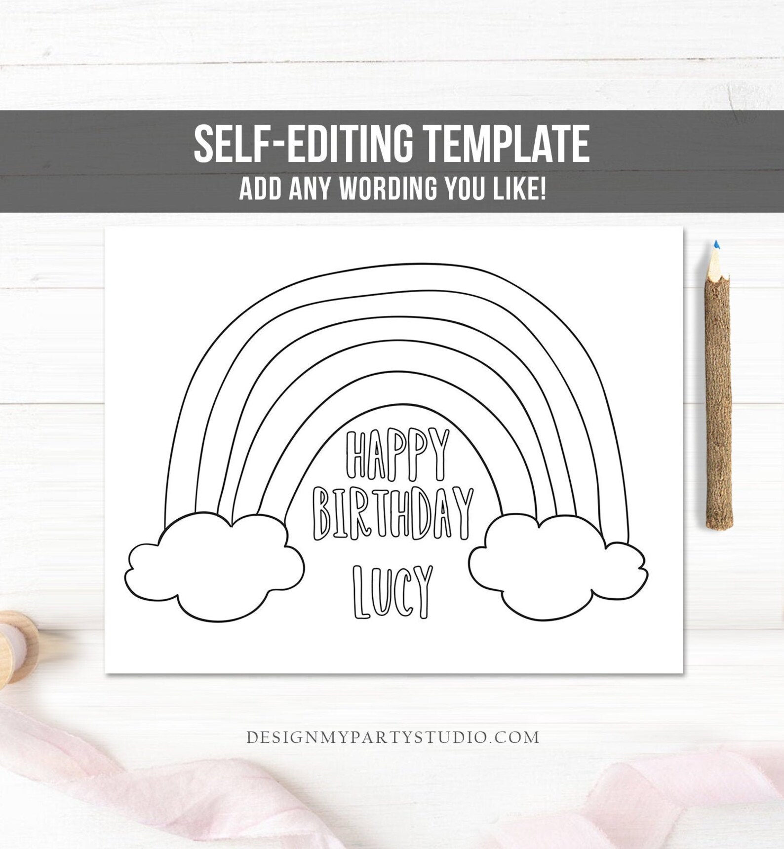 Editable Coloring Page Rainbow Birthday Party Activity Game - Etsy