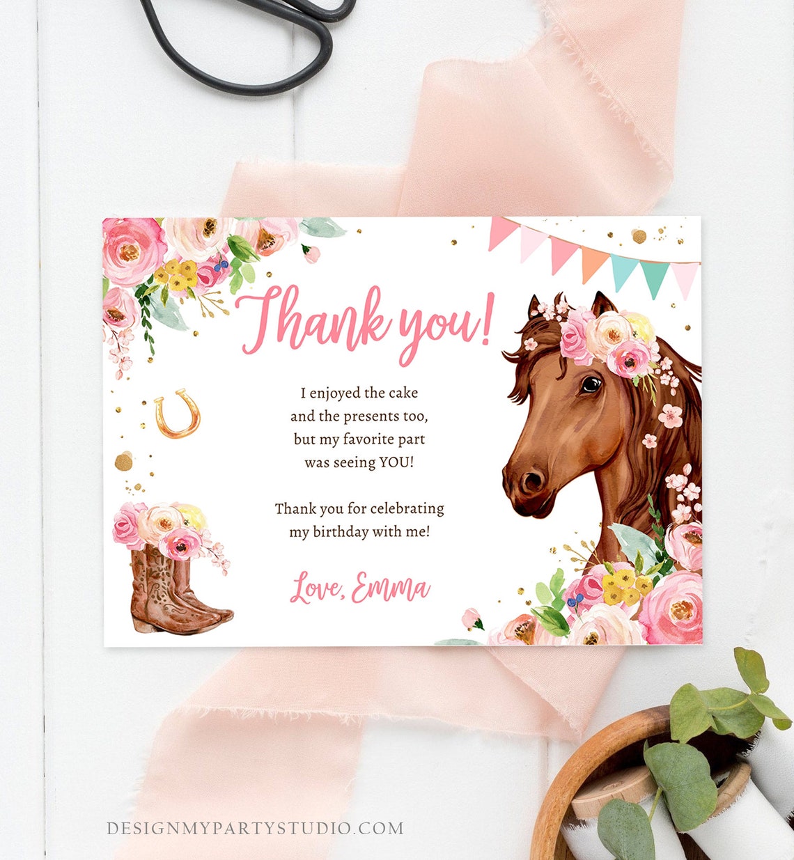 Editable Horse Thank You Card Note Girl Birthday Party Cowgirl ...
