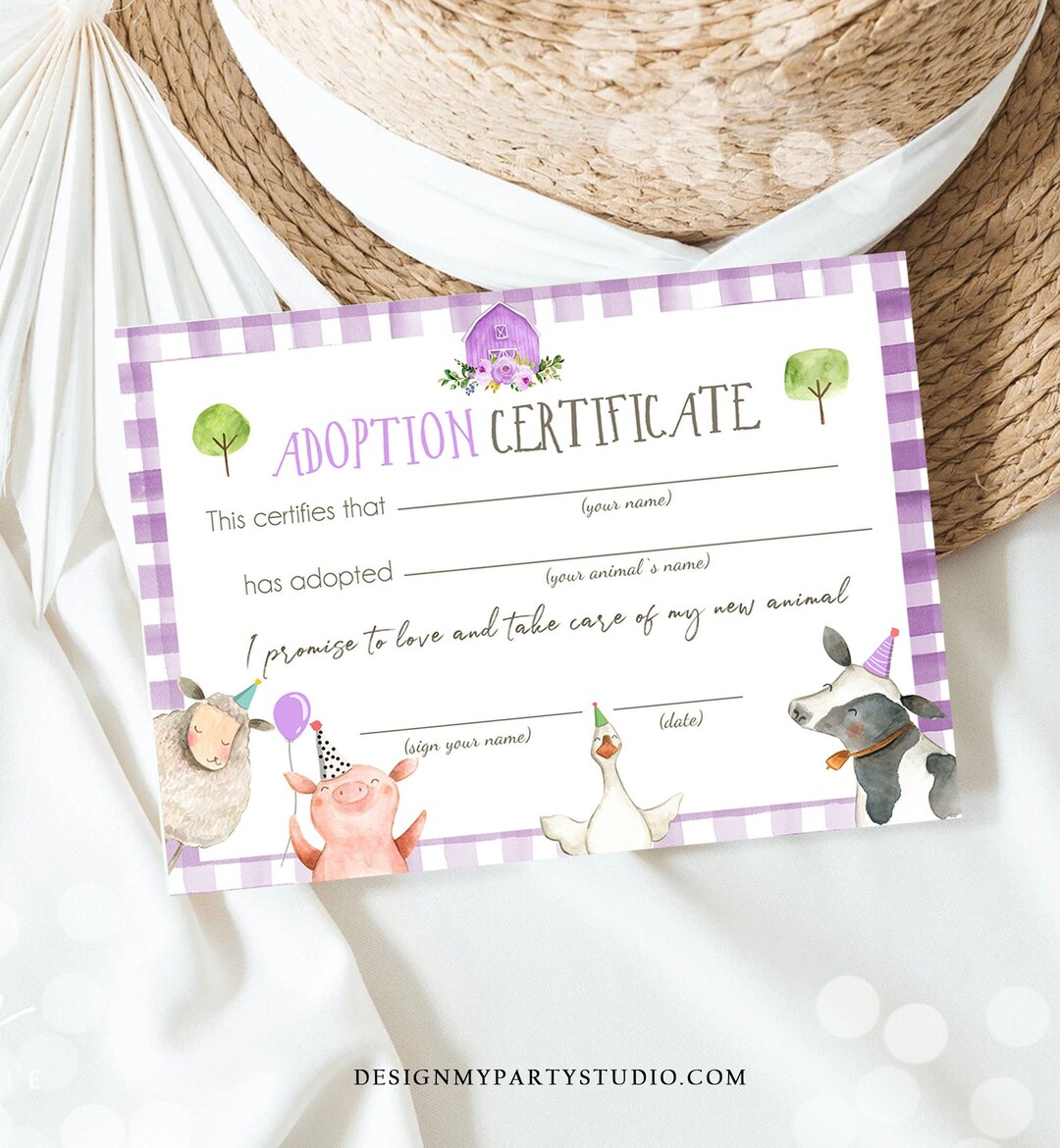 Adopt an Animal Adoption Certificate Farm Animals Adoption Purple Farm ...