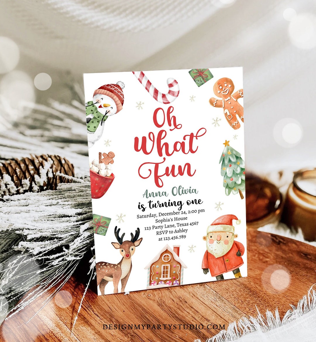Editable Christmas Party Invitation Kids Holiday Santa Hat Oh What Fun ...