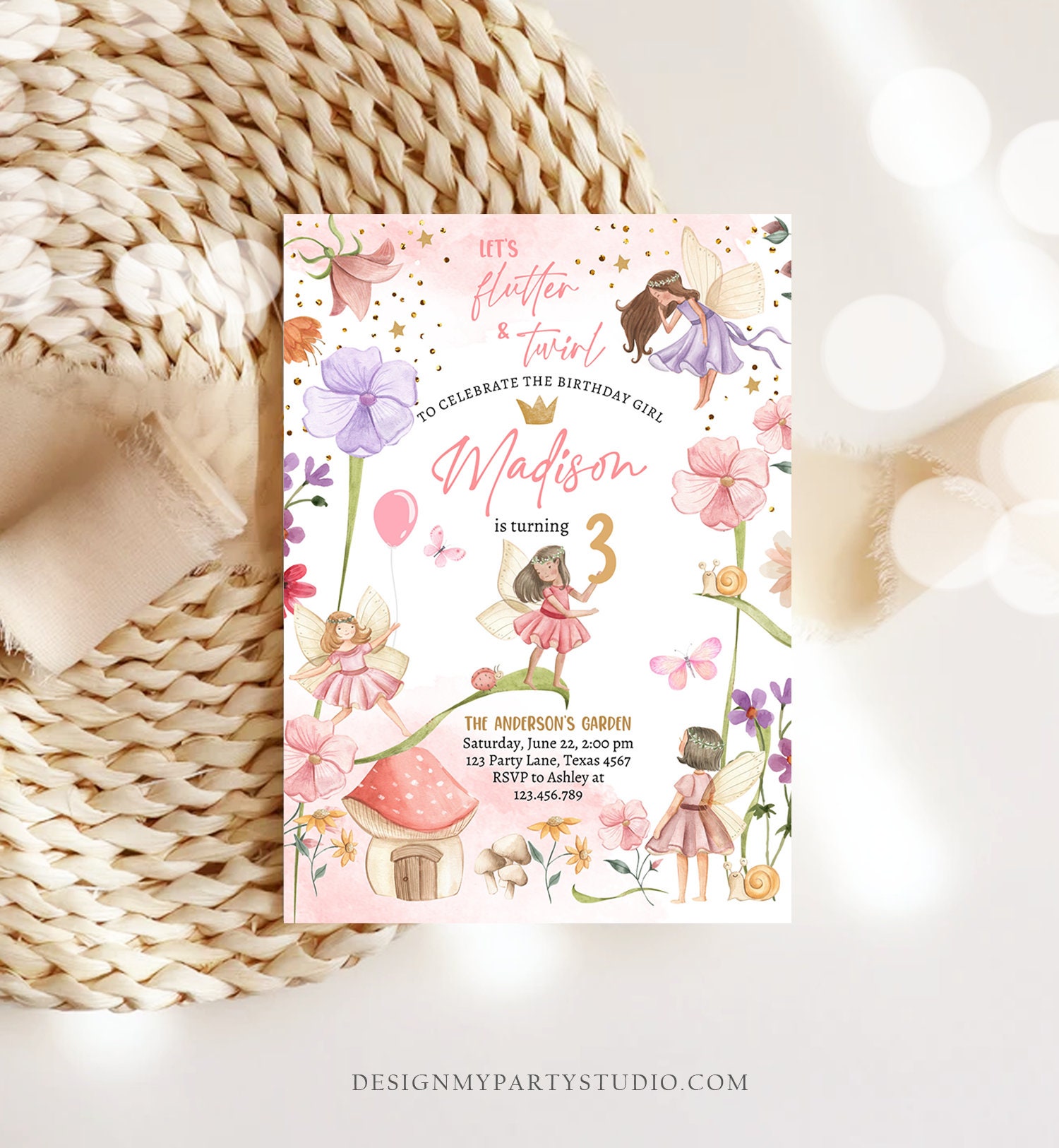 Editable Fairy Birthday Invitation Girl Pink Purple Floral - Etsy