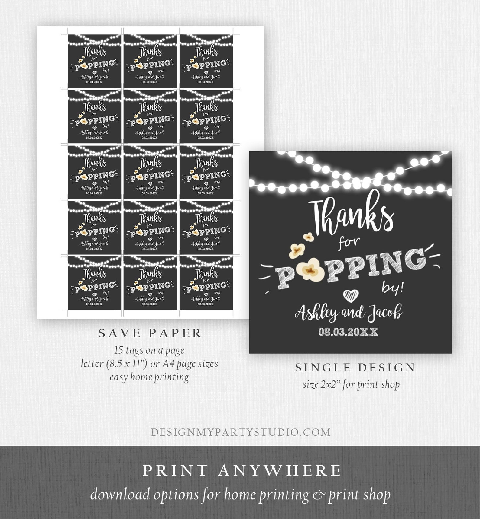 Editable Thanks for Popping by Gift Popcorn Favor Tag String Lights ...
