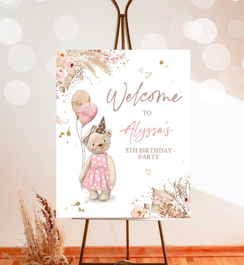 Editable Boho Teddy Bear Birthday Welcome Sign Bear Girl - Etsy