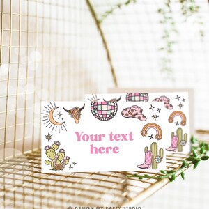 Editable Retro Cowgirl Food Labels Disco Birthday Food Card Tent Girl ...
