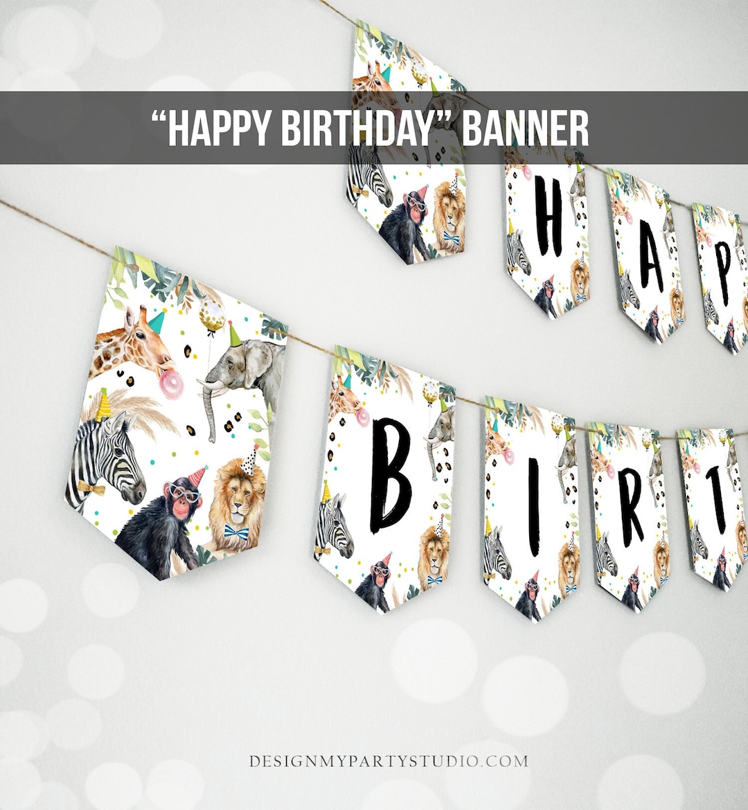 Happy Birthday Banner Party Animals Safari Animals Wild One Birthday ...