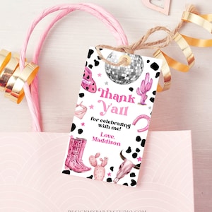 Editable Disco Cowgirl Birthday Favor Tag Nashville Party Gift Tag Pink ...