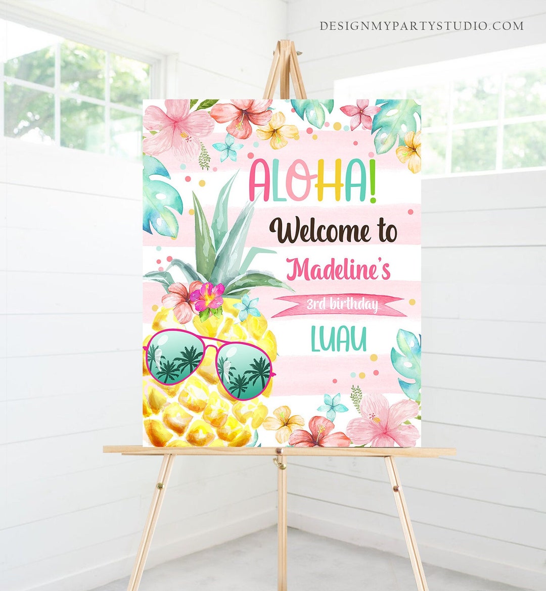 Editable Pineapple Welcome Sign Tropical Hawaiian Luau Birthday Sign ...