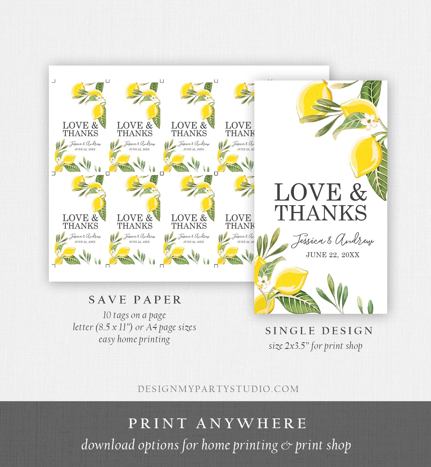 Editable Lemon Thank You Tags Wedding Favor Tags Love & Thanks Bridal ...