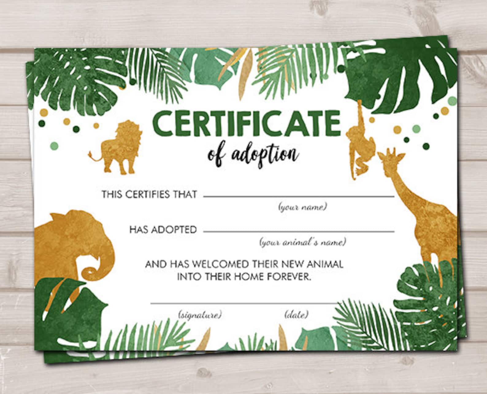 Adopt an Animal Adoption Certificate Safari Adoption Wild One - Etsy