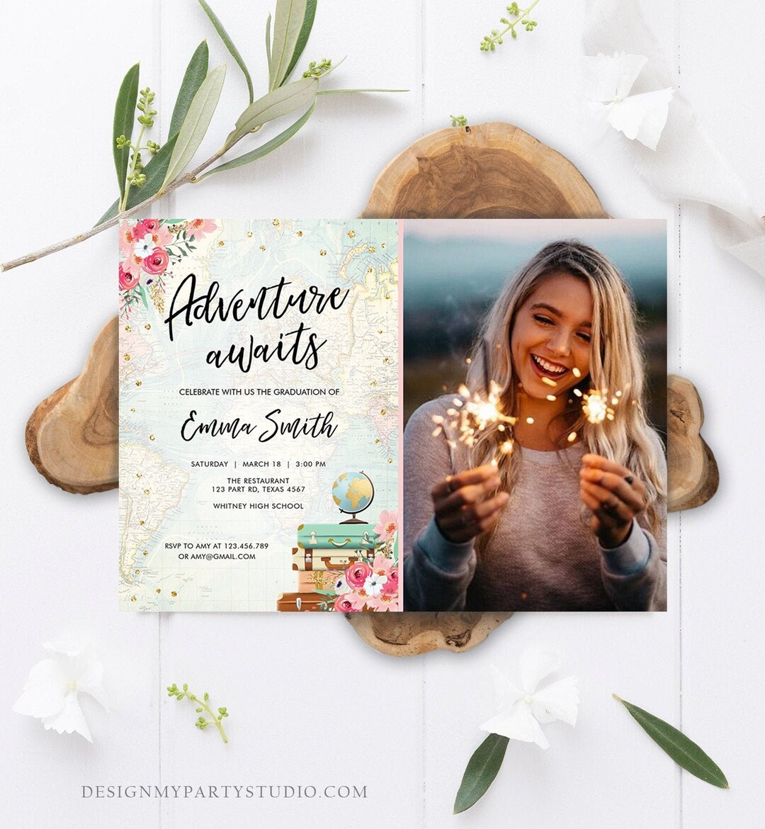 Editable Adventure Awaits Graduation Party Invitation Travel Around the ...