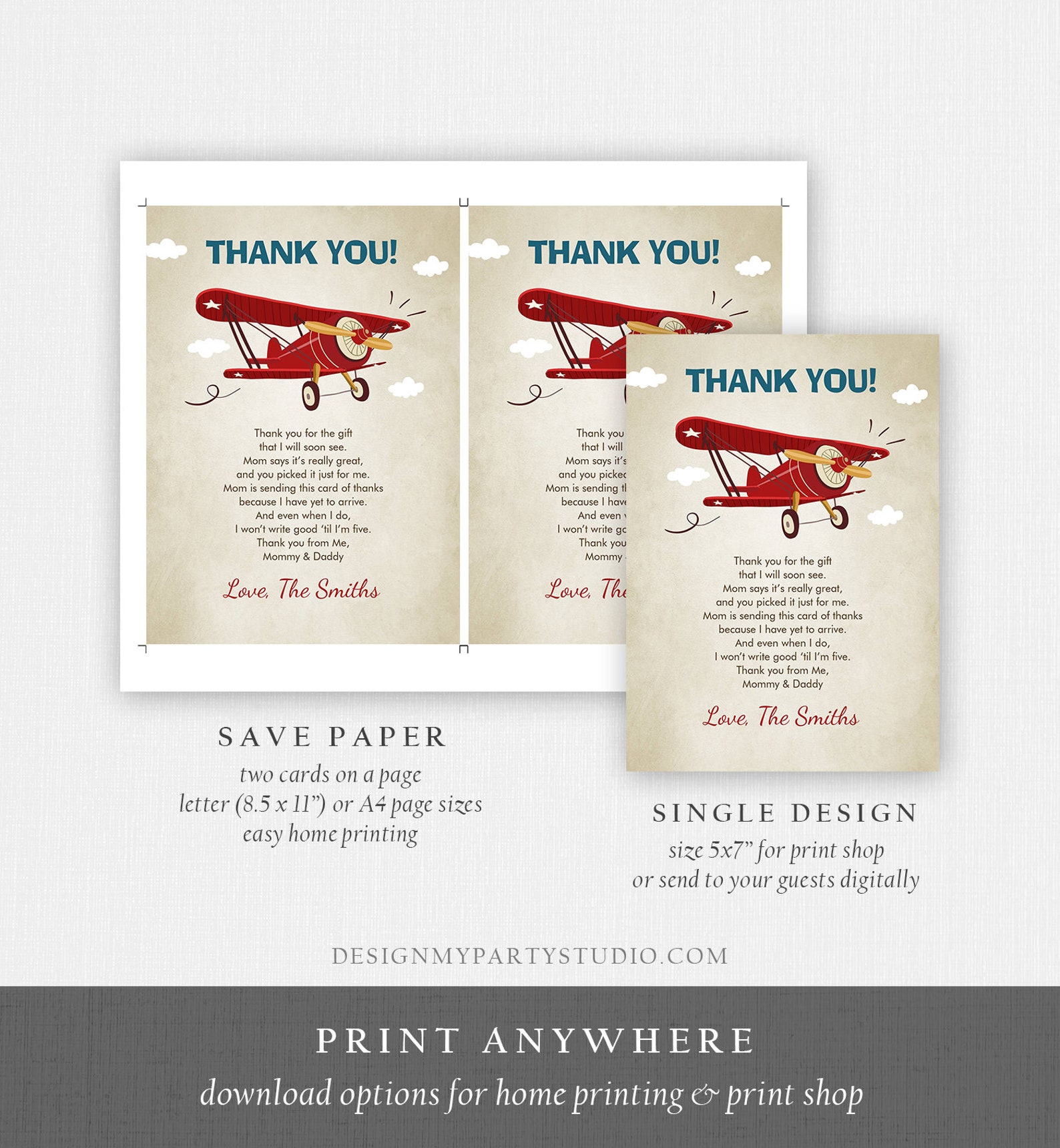 Editable Airplane Thank You Card Airplane Birthday Adventure | Etsy