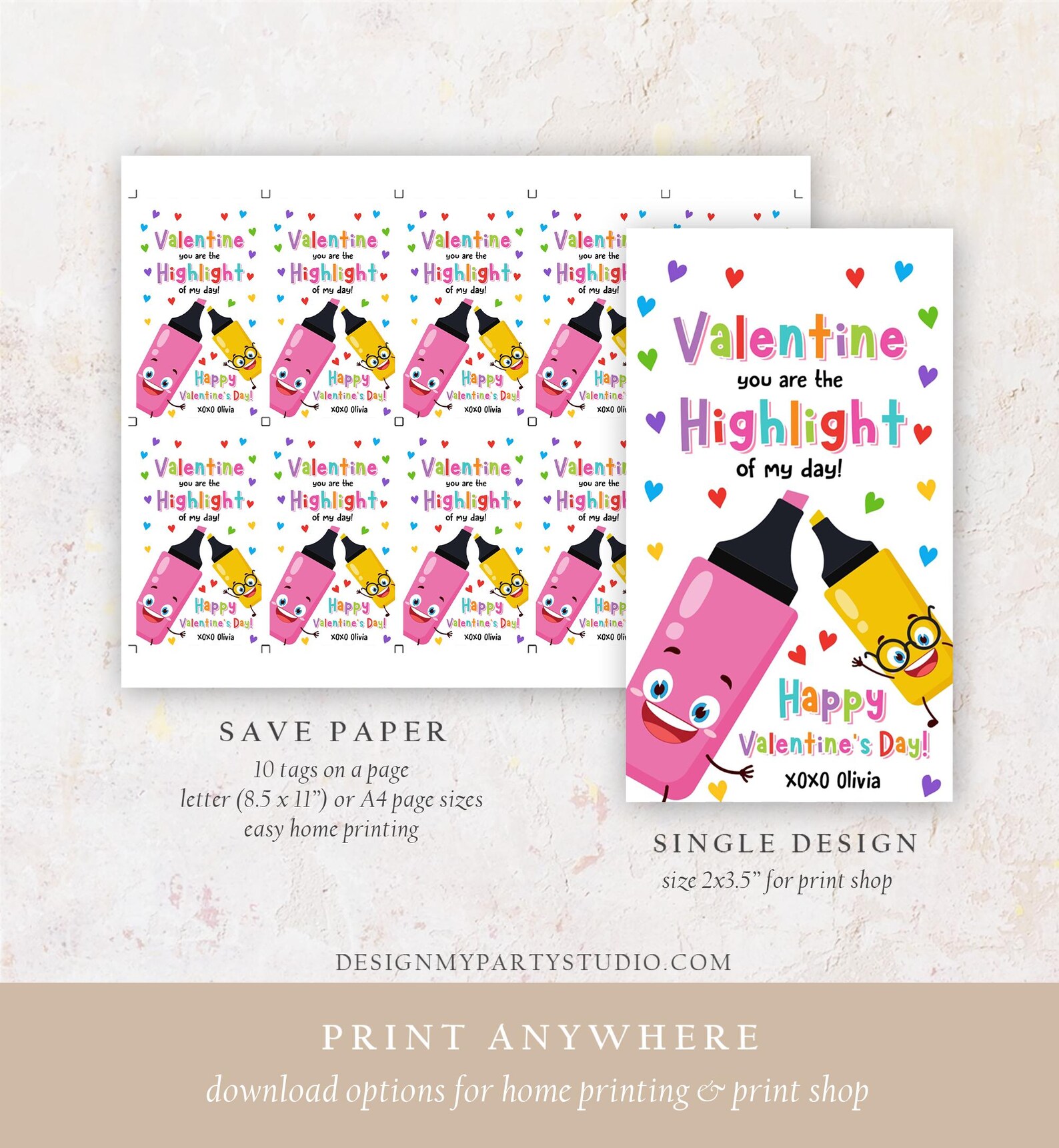 Editable Valentine You're the Highlight Valentines Day Gift Tag Markers ...