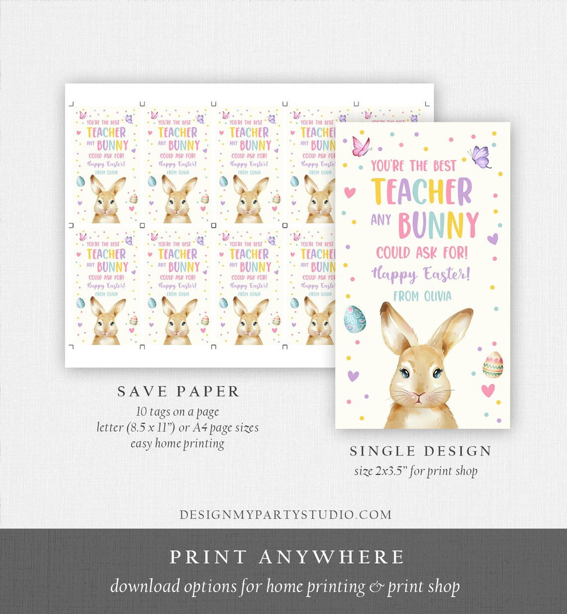 Editable Teacher Gift Tags Easter You're the Best Teacher Any Bunny ...