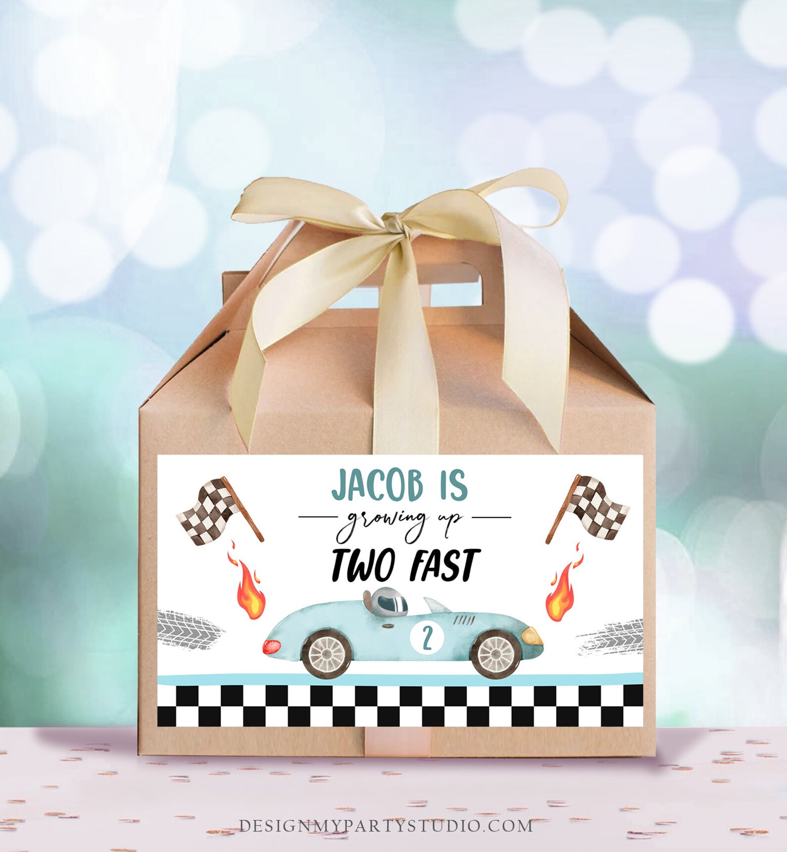Editable Growing up Two Fast Gable Box Favor Blue Race Car Birthday ...