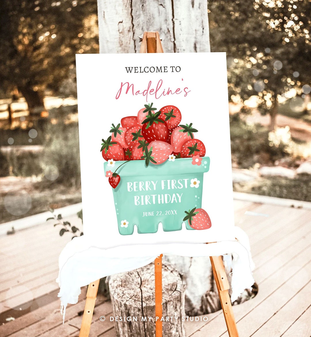 Editable Strawberry Welcome Sign Strawberry Birthday Party Farmers ...