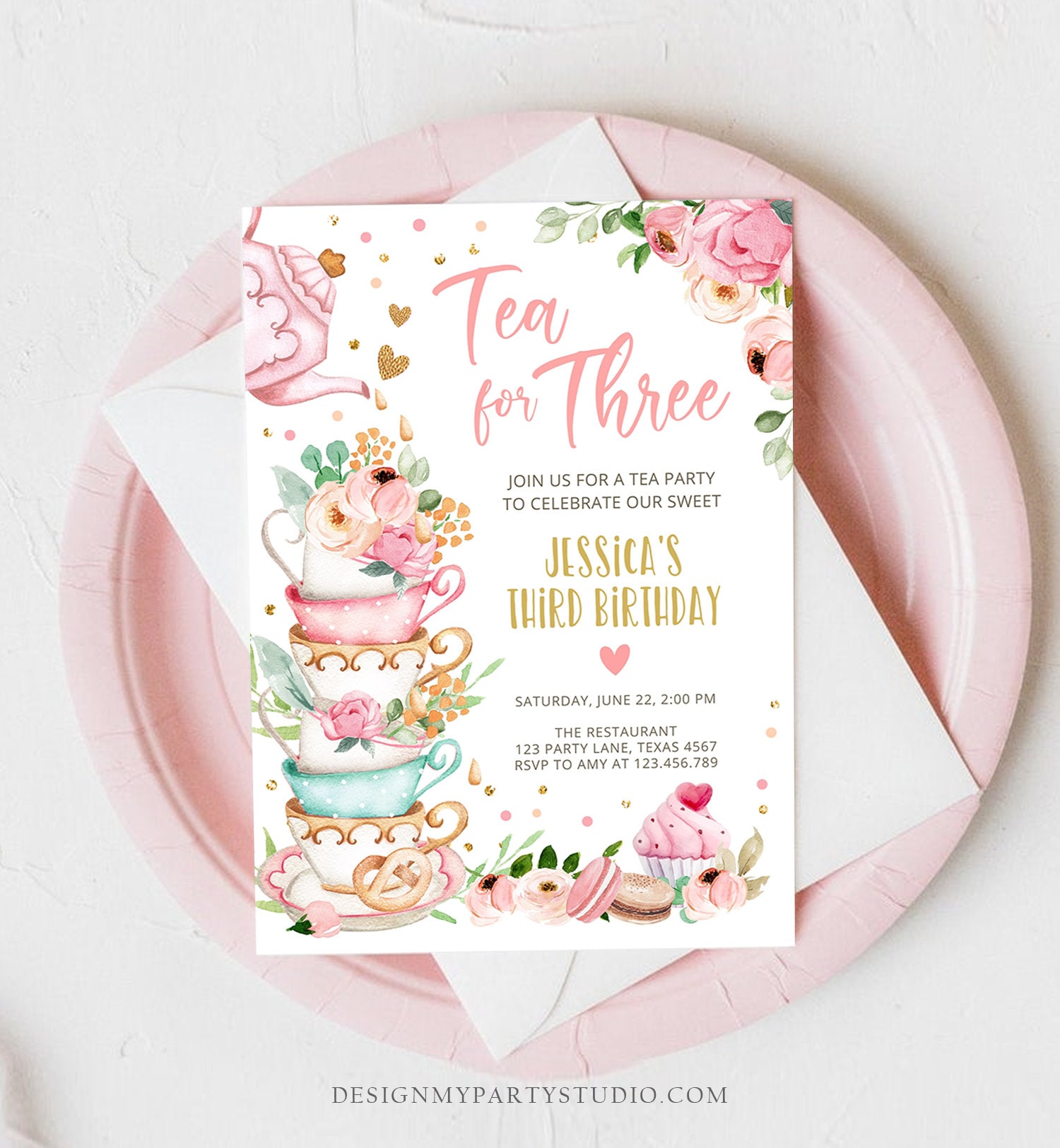 Editable Tea for Three Birthday Invitation Girl Tea Party Invite Pink ...