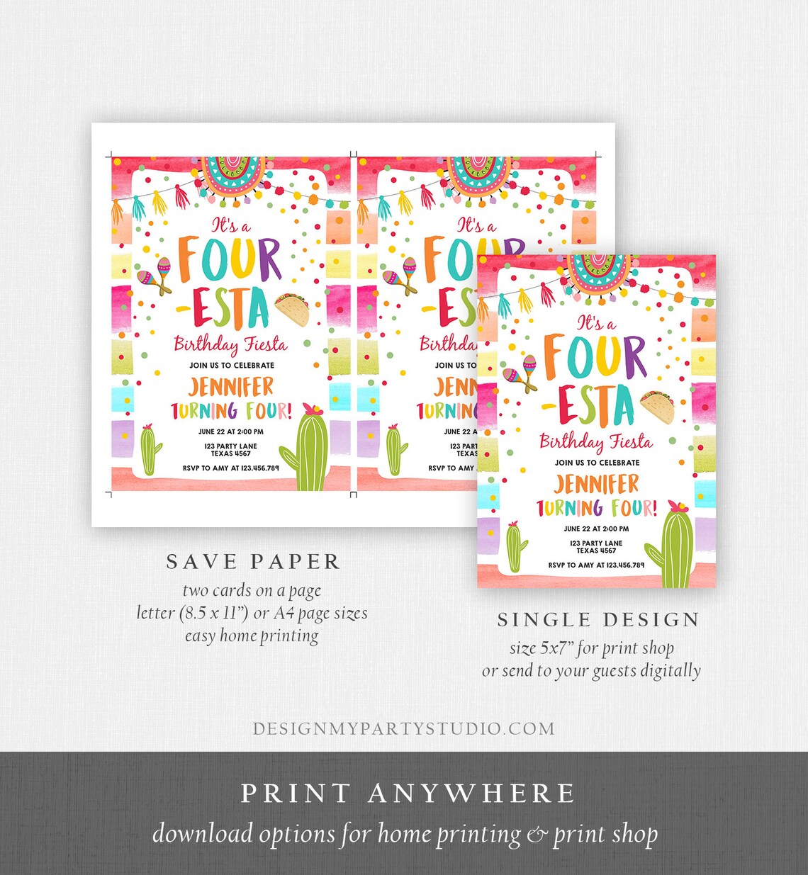 Editable Four-esta Fiesta Birthday Invitation 4th Birthday Four Cactus ...