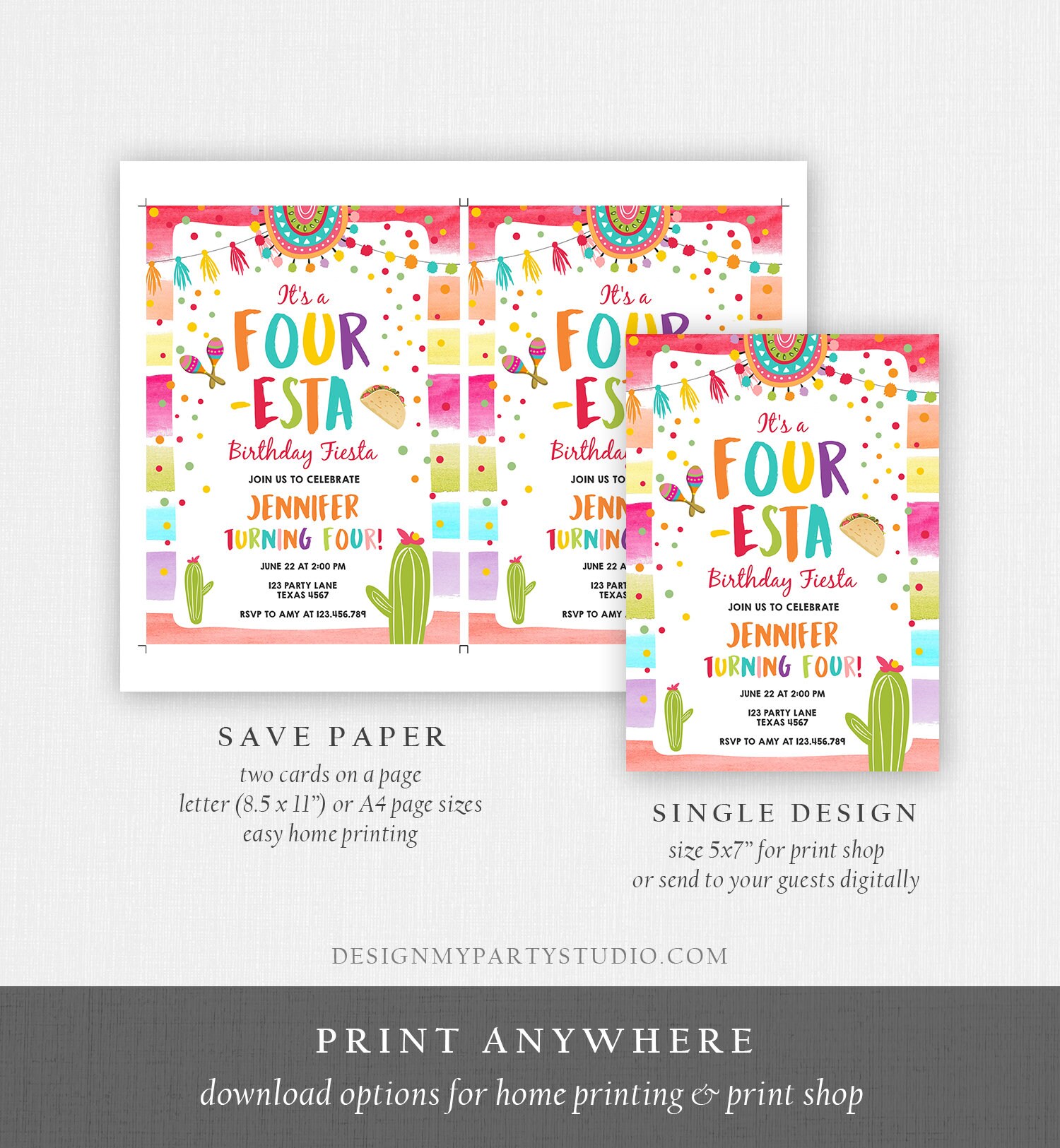 Editable Four-esta Fiesta Birthday Invitation 4th Birthday Four Cactus ...