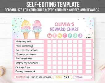 Editable Ice Cream Reward Chart Girls Chore Chart Kids Routine Chart ...