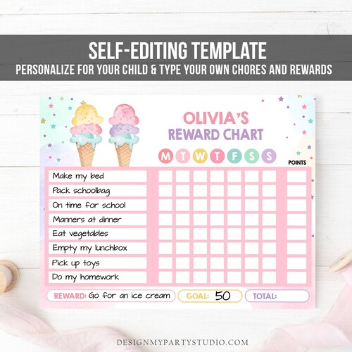 Editable Ice Cream Reward Chart Girls Chore Chart Kids Routine - Etsy
