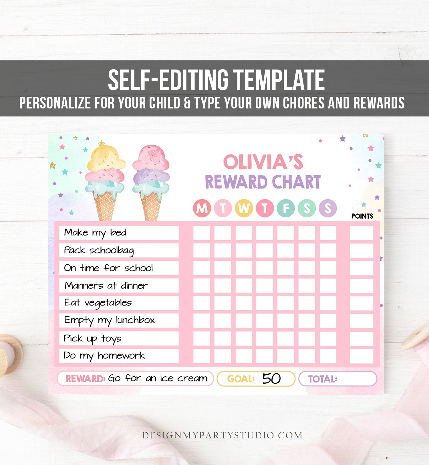 Editable Ice Cream Reward Chart Girls Chore Chart Kids Routine Chart ...