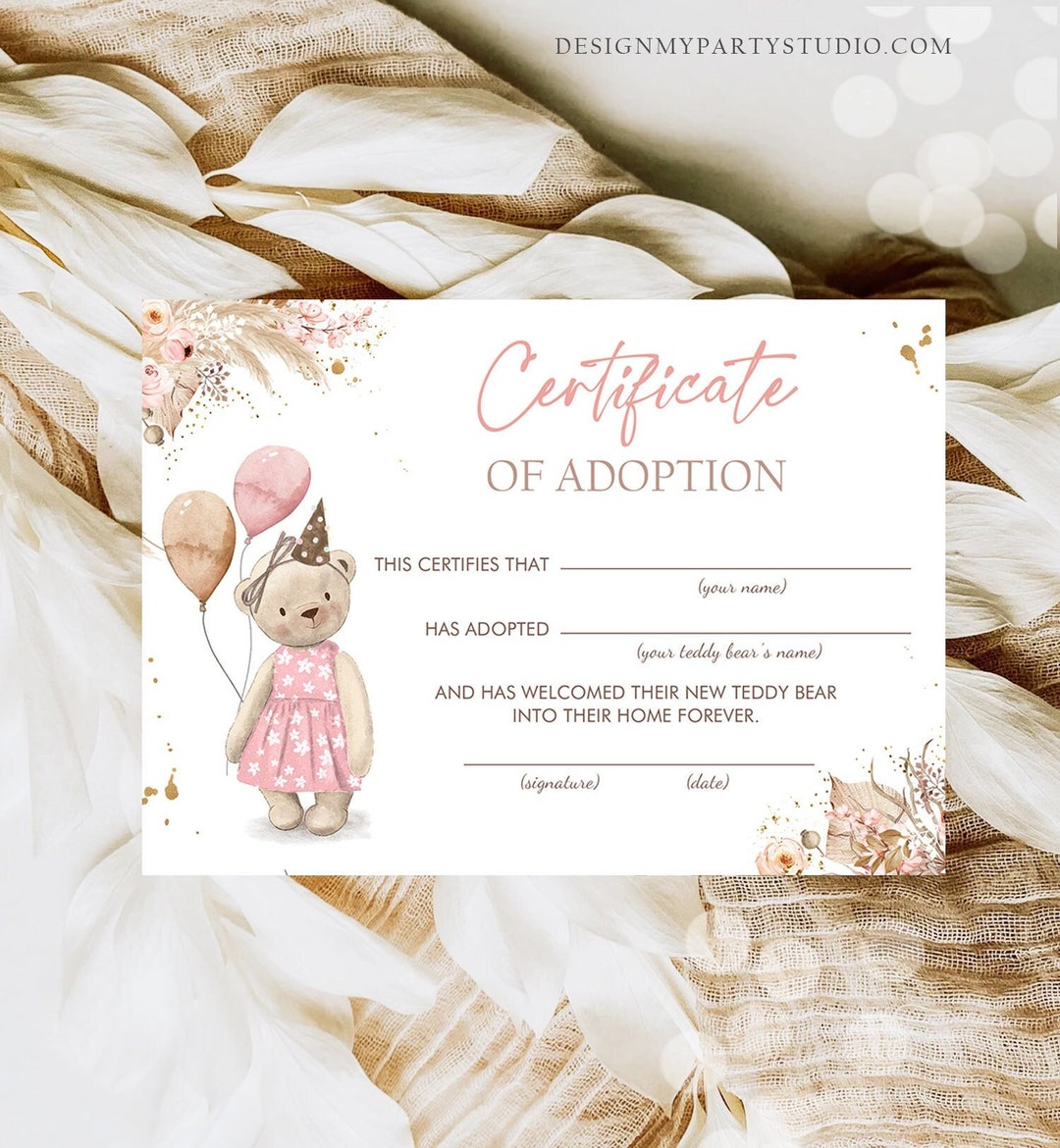 Teddy Bear Adoption Certificate Teddy Bear Birthday Boho Teddy Bear ...