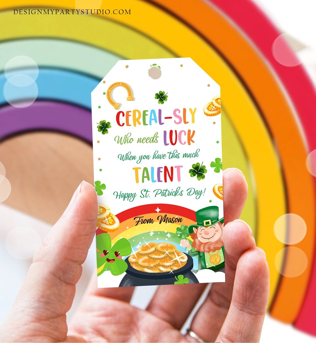 Editable St. Patrick's Day Tag Cerealsly Lucky Favor Rainbow Favor Tag ...