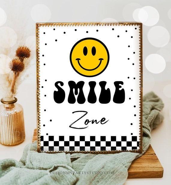 Smile Zone Sign Smiley Face Birthday Sign Checkered Happy Face One ...