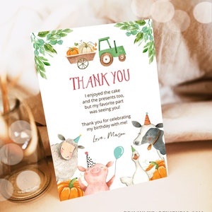 Editable Farm Animals Thank You Card Pumpkin Boy Green Tractor Farm ...