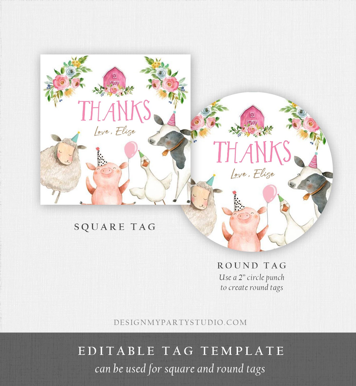 Editable Pink Farm Animals Thank You Tags Girl Birthday - Etsy