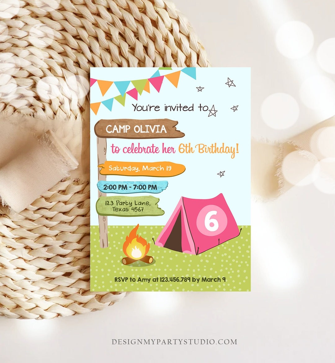 Editable Happy Camper Birthday Invitation Girl Pink Camping Party Pink ...