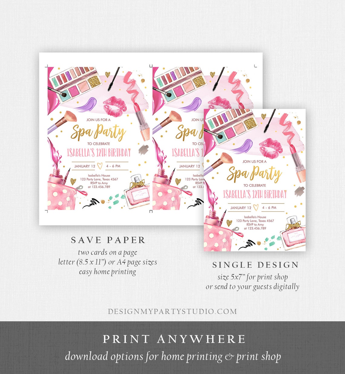 Editable Spa Makeup Birthday Invitation Glam Party Girl Birthday Tween ...