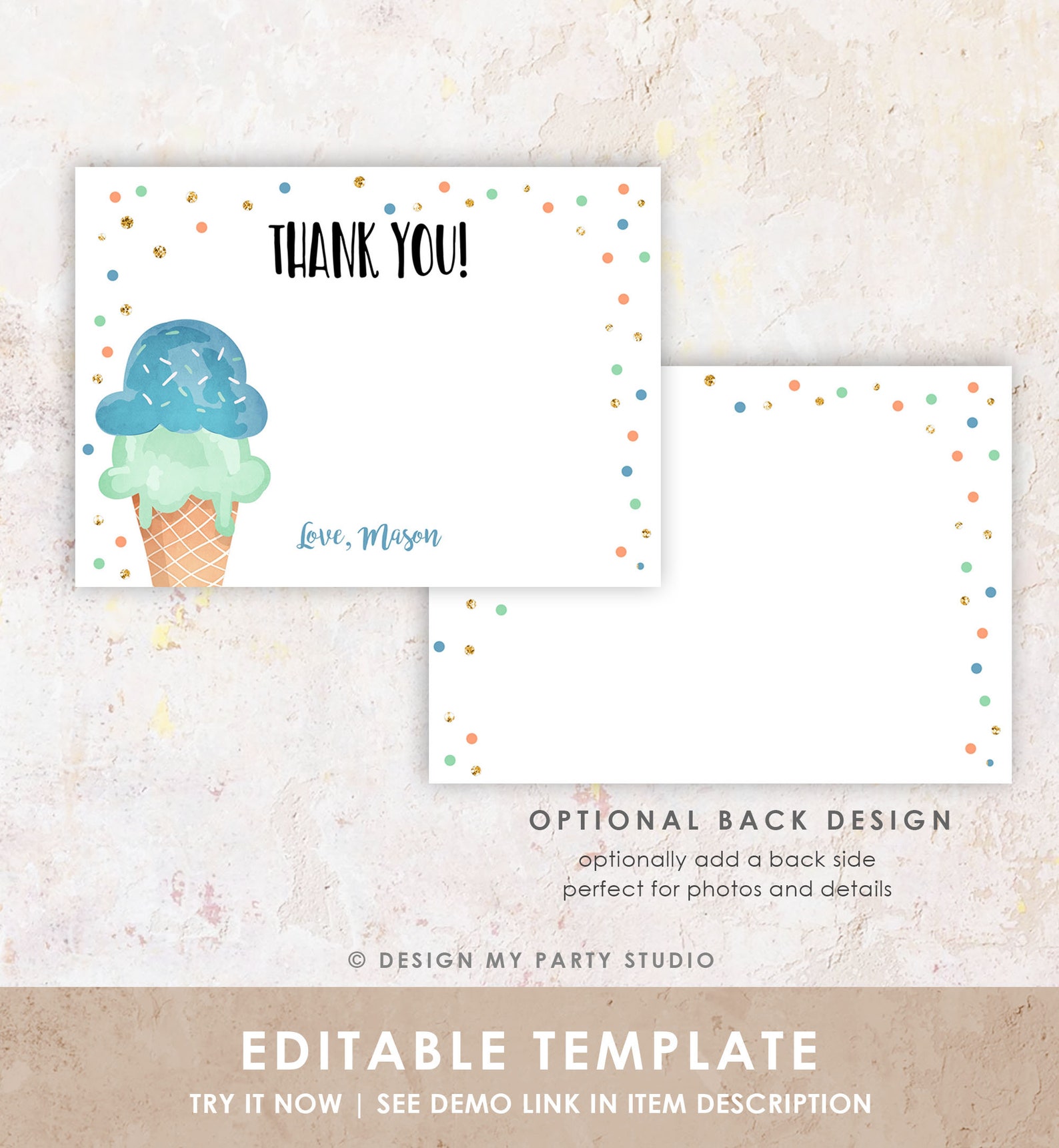 Editable Ice Cream Thank You Card Ice Cream Birthday Thank You Note Boy ...