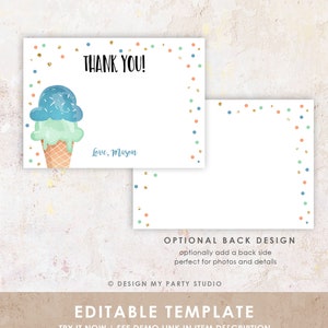 Editable Ice Cream Thank You Card Ice Cream Birthday Thank You Note Boy ...